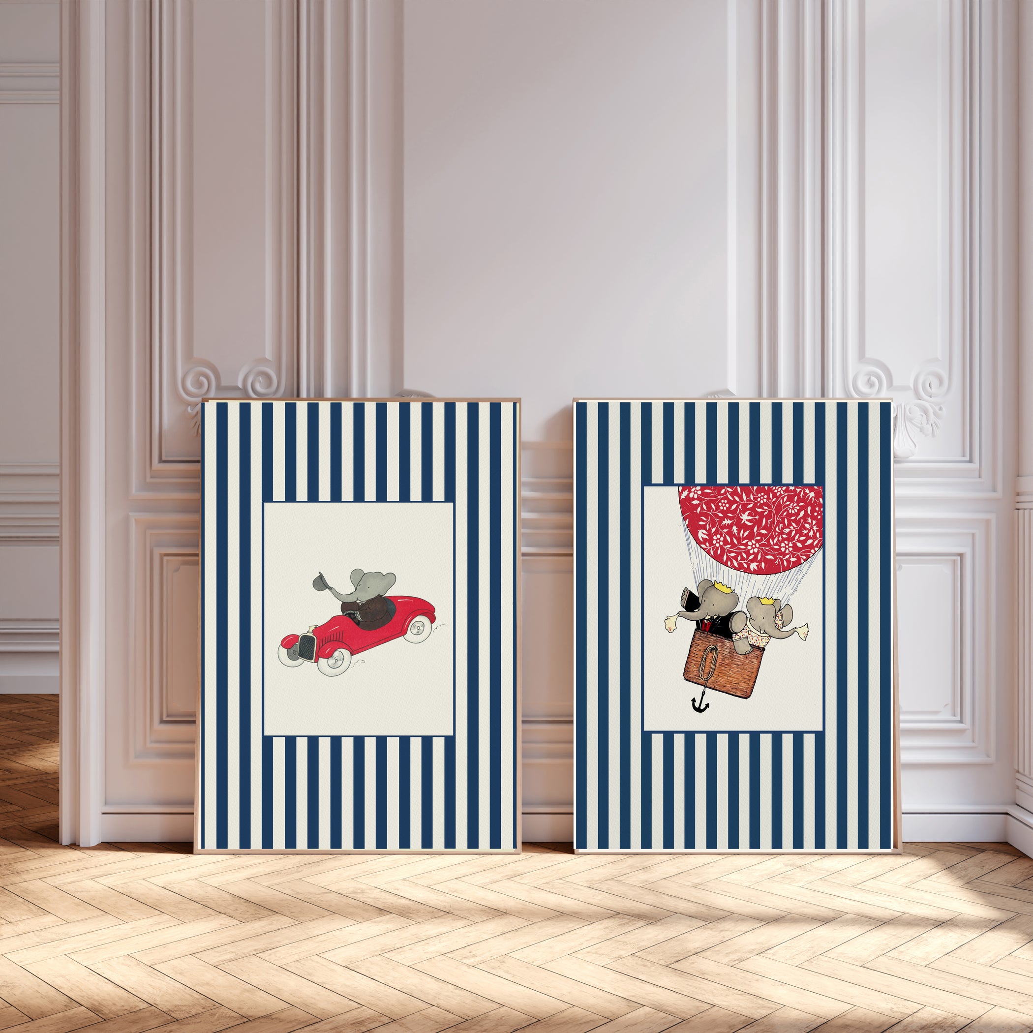 Babar The Elephant Set Of Two Blue Art Prints. -Stanley Street Studio